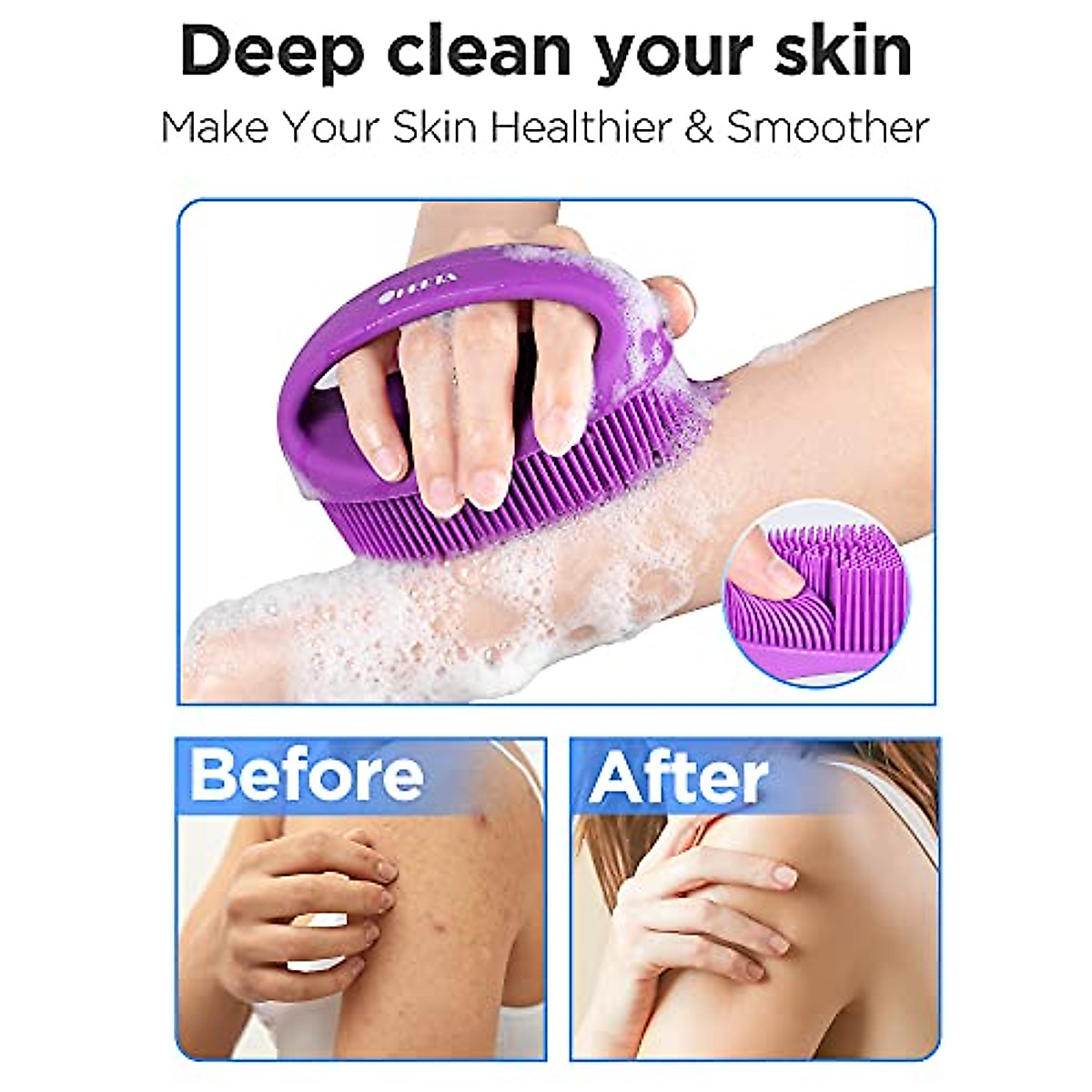 HEETA Hand-Held Body Shower Brush 2-Pack Soft Silicone Body Scrubber for Brushing Gentle Exfoliating Bath Cleansing Bath Brush for Men Women Kids All Kind of Skin (Black & Purple)