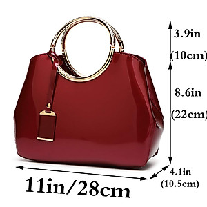 Rullar Women Elegant Handbag and Purse Top Handle Bag Patent Leather Tote Satchel Shoulder Clutch Crossbody Bag with Pendant Burgundy