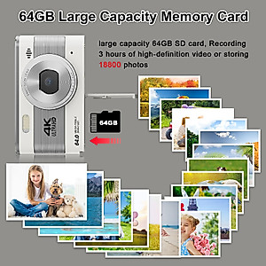 Rawiemy 64MP 4K Kids Digital Camera with 64GB Card, 18X Digital Zoom, Point and Shoot, Portable, White