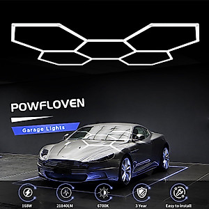 Powfloven Hexagon LED Garage Lights, 168W 21840LM Honeycomb Ceiling Light, 25 Pack Car Detailing Shop Lighting for Garage Gym Home Wall Warehouse Workshop Basement Wash Room Super Market Office etc.
