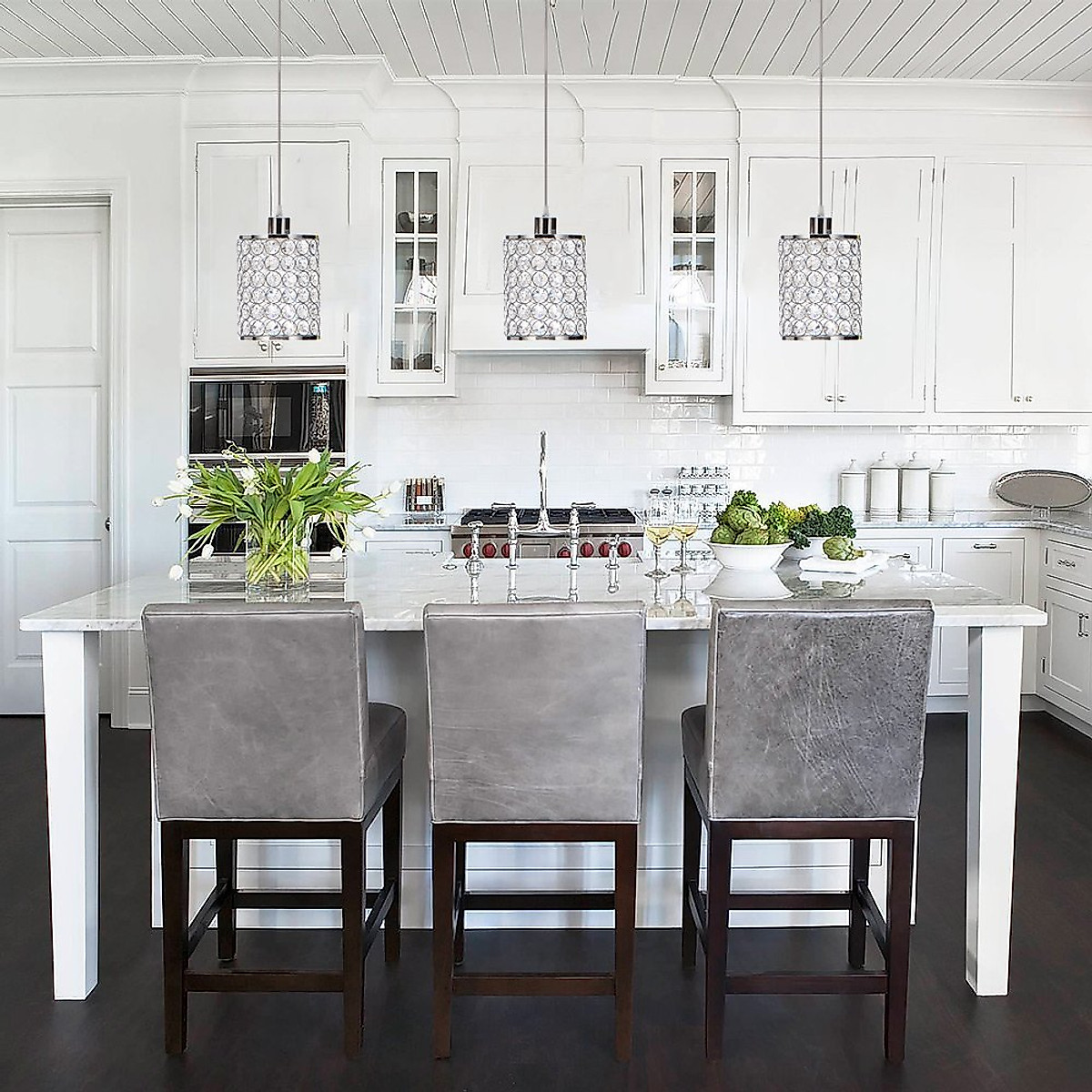 Cuaulans 3 Pack Crystal Pendant Light, Modern Chrome Kitchen Island Pendant Lighting,Cord Adjustable Bar Ceiling Hanging Lights for Kitchen Dining Room Bedroom Bar