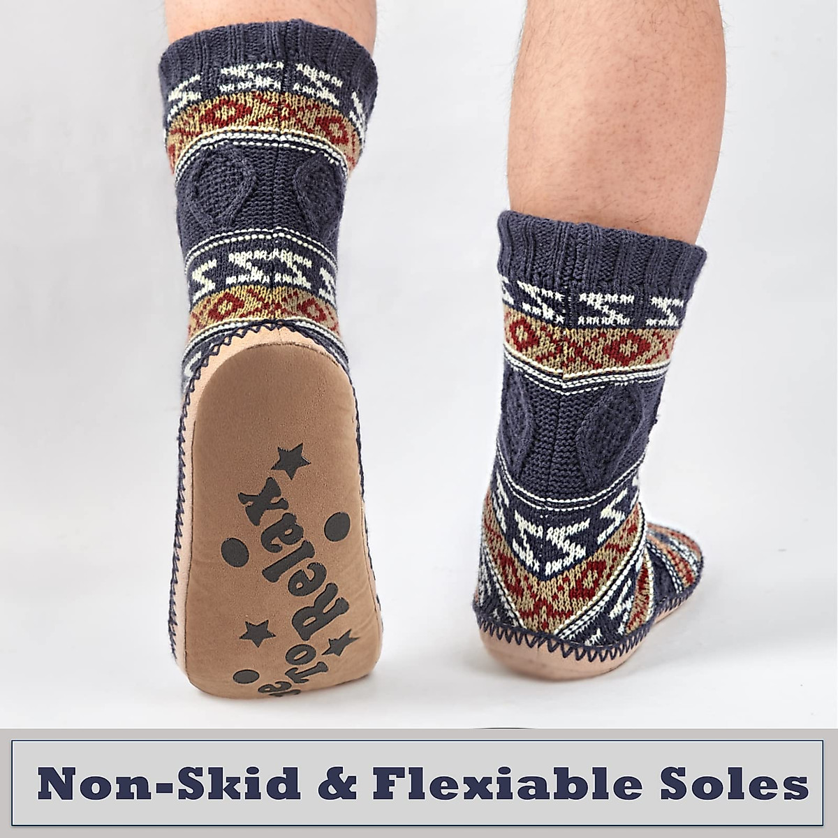 Cozylook Mens Slipper Socks Fleece Lined Non-slip Soles, Winter Soft Thick Cozy Home Boots, Warm Fuzzy House Shoes Indoor, Adult Size 8-9