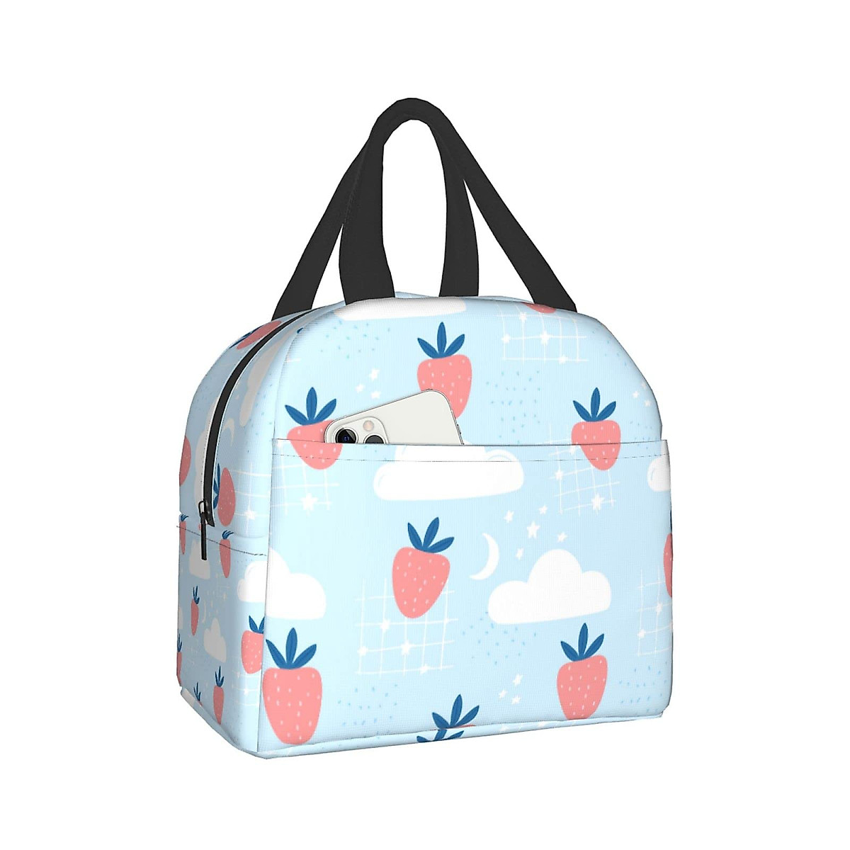Ucsaxue Cute Strawberry With Clouds, Moon And Stars Lunch Bag Reusable Lunch Box Work Bento Cooler Reusable Tote Picnic Boxes Insulated Container Shopping Bags For Adult Women Men