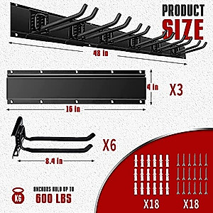 CHARMOUNT Garage Storage Wall Organizer, Wall Mount Rack Hooks Heavy Duty Garden Tool Organizer and Storage, 48 Inch Wall Mount Tool Organization with 6 Hooks, Tracks Max Load 600lbs