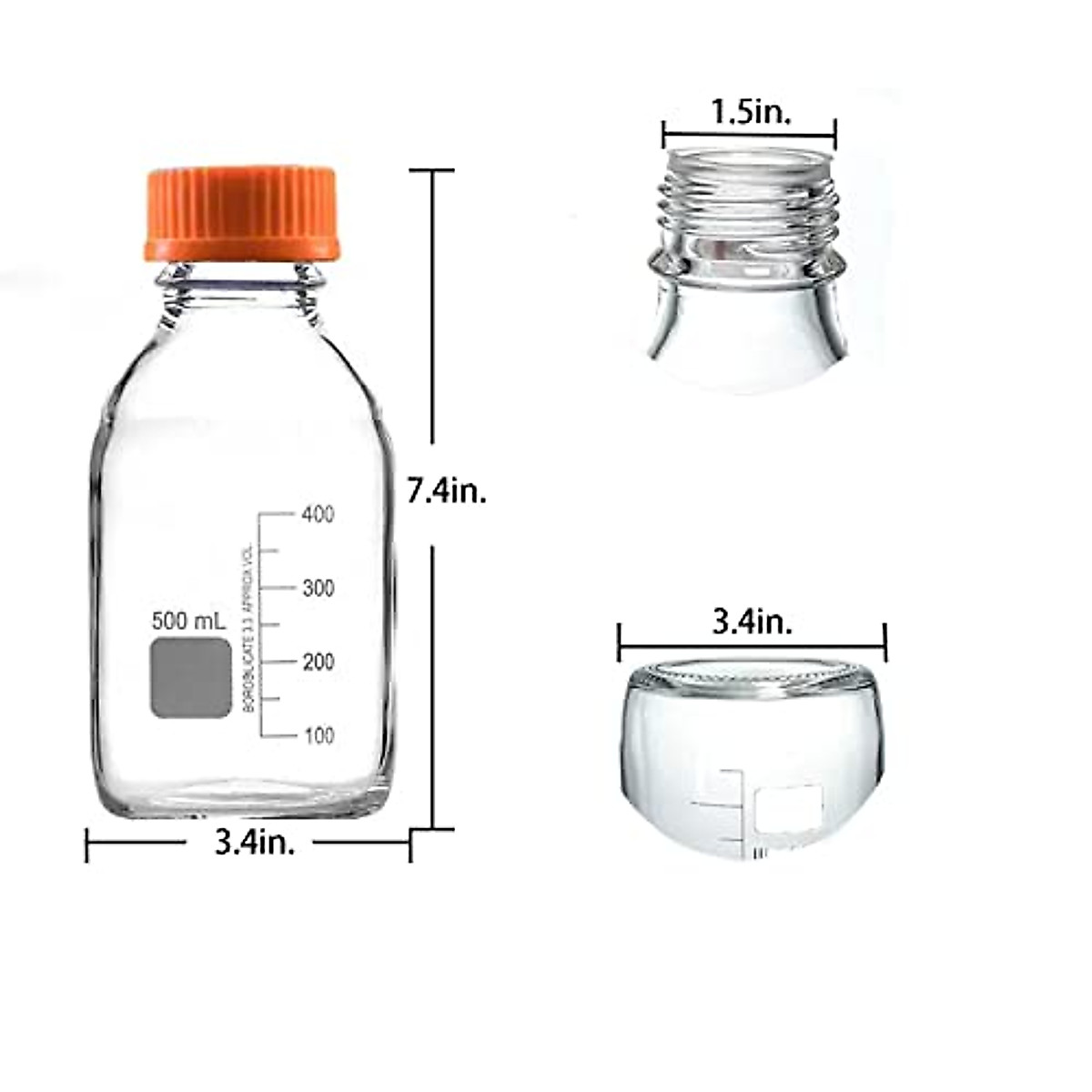 BKMAMLAB 500ml Round Media Storage Bottles with GL45 Screw Cap Borosilicate Glass Maximum temperature 249.8°F Pack of 3
