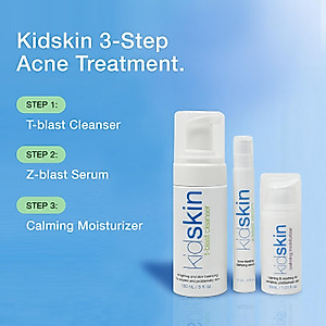Kidskin 3-Step Acne Kit for Teens - Skincare Set Includes T-Blast Face Wash, Z-Blast Acne Serum, and Calming Face Moisturizer for Oily Skin- Complete Skin Care Set for Teen Girls, Boys & Kids