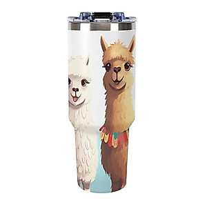 LLUTSNTH 40 Oz Vacuum Tumbler with White Handle Leakproof Insulated Tumbler Llama Alpaca Stainless Steel Travel Mug with Lid And Straw Coffee Cup Cute Water Bottles Cup Holder Friendly