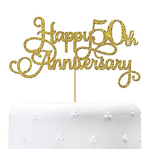 Gold Glitter Happy 50th Anniversary Cake Topper - for 50th Wedding Anniversary / 50th Birthday Party Cake Decorations Supplies, Cheers to 50 Years Sign