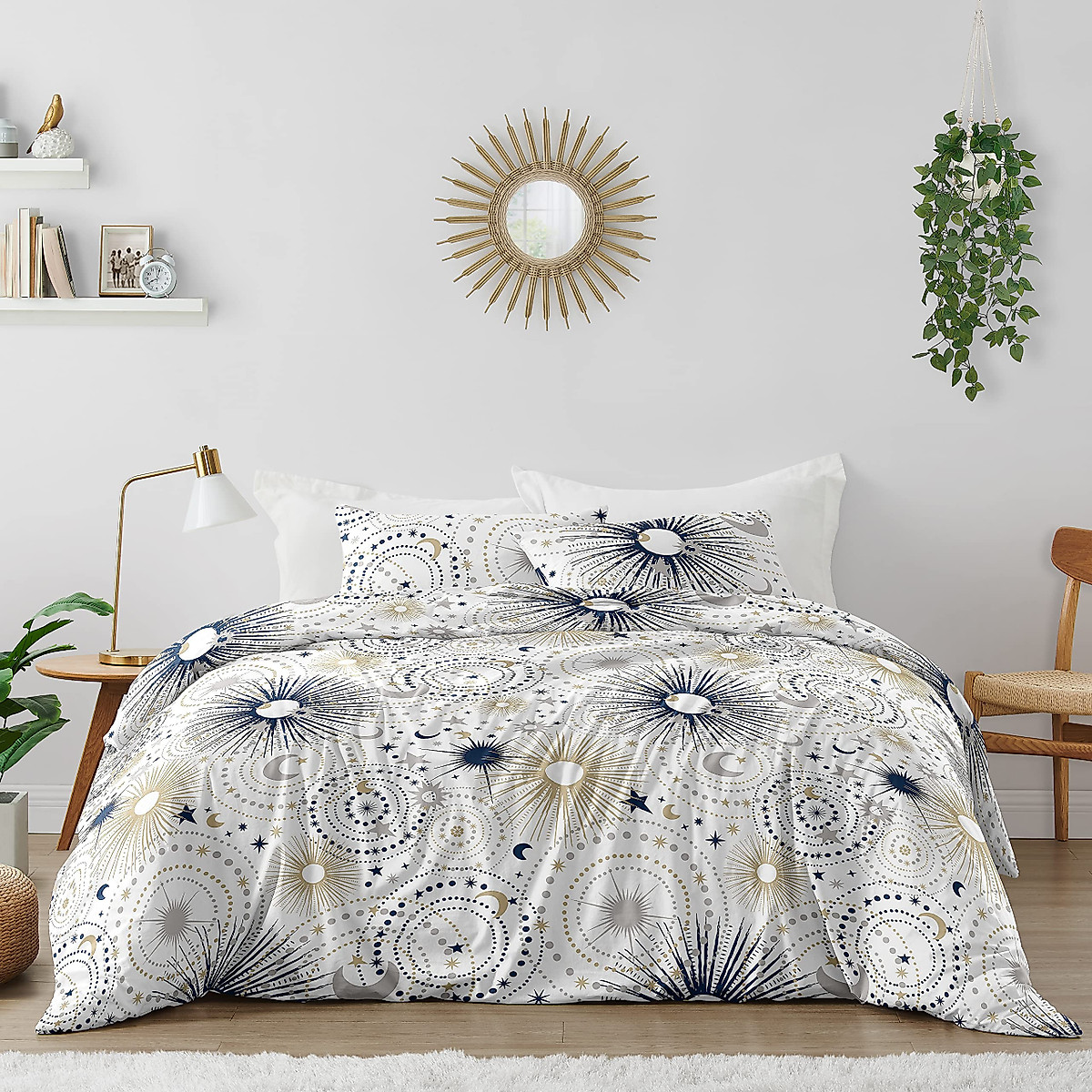 Sweet Jojo Designs Star and Moon Boy or Girl Full/Queen Bedding Set Kids Comforter Childrens Size - 3 Pieces - Navy Blue, Gold, and Grey Celestial Sky Stars Gender Neutral Unisex