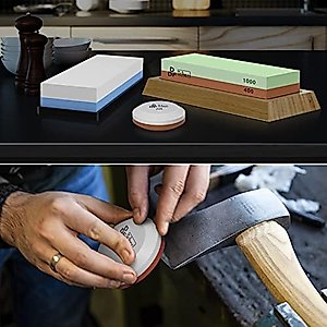 DDF iohEF Whetstone Sharpening Stone Kit 4 Side Grit 400/1000 3000/8000 Wet Stone Knife Sharpeners Set with Axe Sharpening, Angle Guide, Flattening Stone, Leather Strop, Non-Slip Bamboo Base