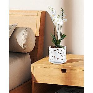 BUYMAX Set of 2 Orchid Pots with Holes & Saucers for Orchid Root Health, 5 inch&6 inch Ceramic Pots for Plants, Effective Drainage and Ventilation to Assist New Plants or Repotting