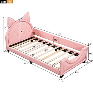 Aiuyesuo Leather Upholstered Tufted Daybed with Carton Ears Shaped Headboard, Wooden Twin Size Low Profile Captain's Sofa Bed Frame for Kids Boys Girls Bedroom, Living Room (Pink-TH1123)