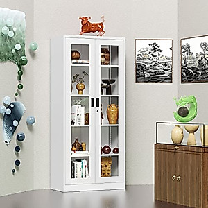 LISSIMO Tall Bookcase Storage Cabinet with Tempered Glass Door,Metal Glass Display Cabinet with 4 Adjustable Shelves,5-Tier Curio Cabinet for Home, Study, Living Room and Office (White)