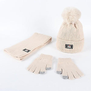 Kids Winter Beanie Hat Scarf Gloves Set, Winter Knit Warm Soft Pom-Pom Beanie Hat for Boys and Girls Outdoor Warm Beige