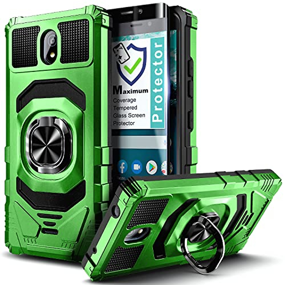 WDHD Case for Nokia C100 with Tempered Glass Screen Protector (Maximum Coverage), Full-Body Protective [Military-Grade], Magnetic Car Ring Holder Cover Case (Green)