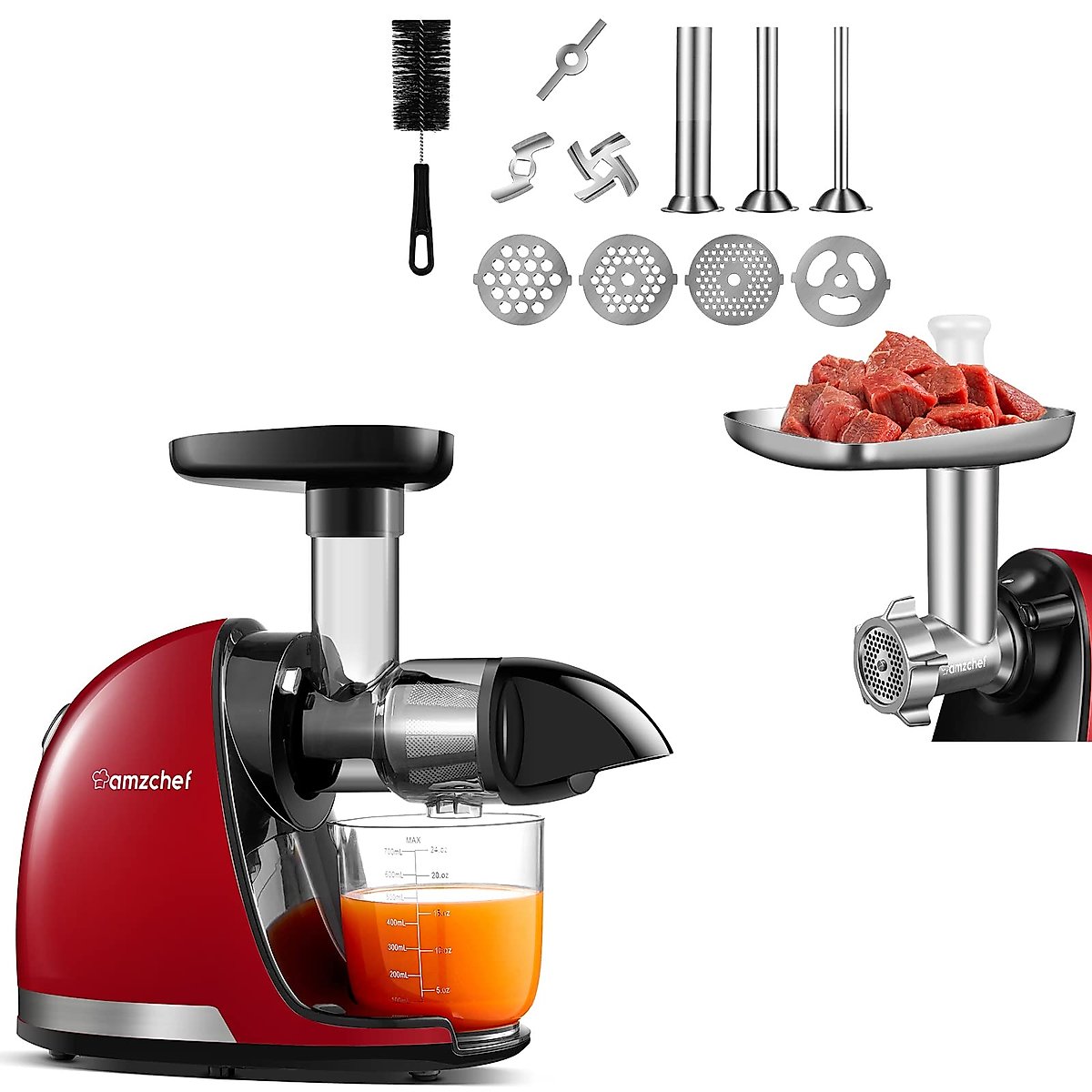 AMZCHEF Slow Masticating Juicer Bundle with Meat Grinder Attachment,Cold Press Juicer With Silent Motor and Reverse Function,with Sausage Stuffer Tubes and Grinding Plates