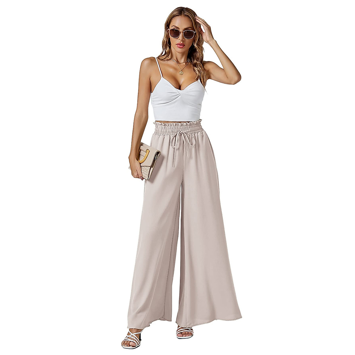 LYANER Women's Drawstring Elastic High Waisted Wide Leg Palazzo Pants Loose Casual Trousers Beige X-Large