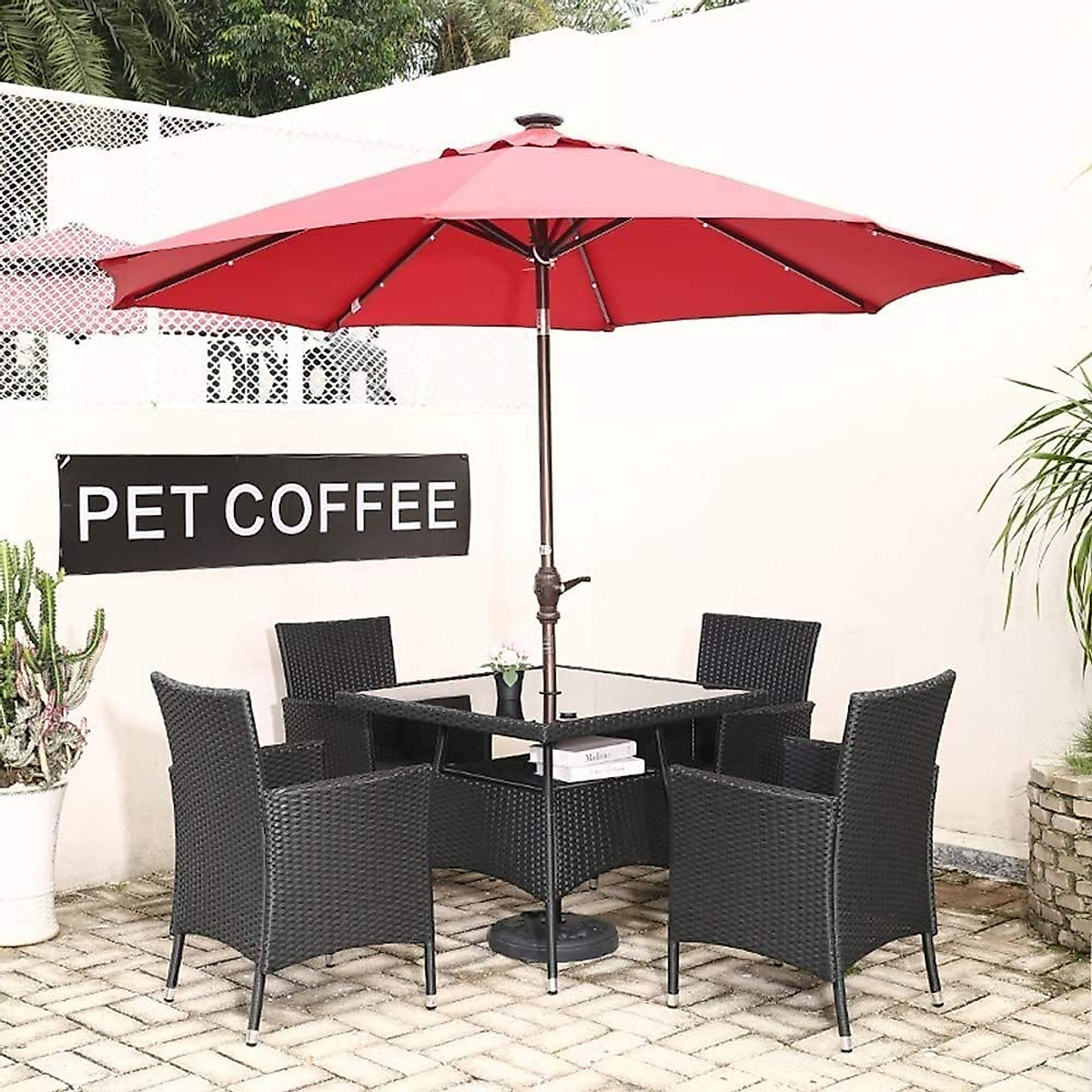 ROLTIN Outdoor Garden Parasols 10ft Outdoor Patio Umbrella with Solar LED Lights and Tilt, Garden Parasols for Pool/Lawn/Beach, Without Base