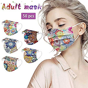 50 Pack Floral Disposable Face_Masks with Design for Women, 3 Ply Protective Flower FaceMasks with Nose Wire for Adults, 3D Breathable Anti-fog for Adults Outdoor Daily (MANDALA)