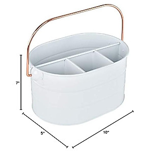 Red Co. 10" x 7" Enameled Metal Utensil Caddy & Countertop Flatware Organizer with Handle, Farmhouse White/Rose Gold