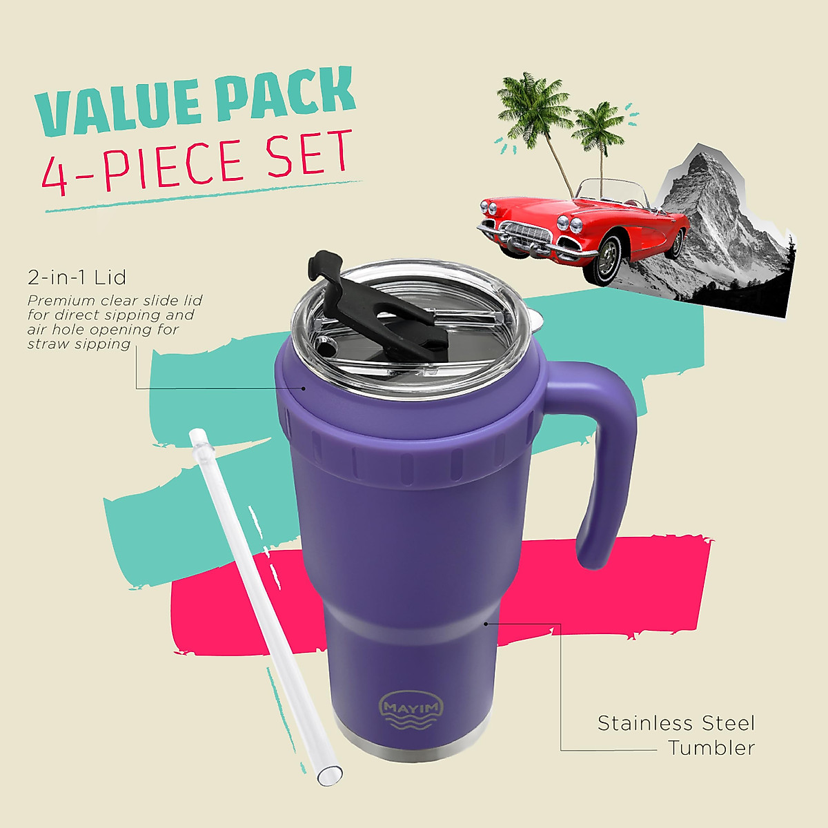 Mayim 40oz Tumbler with Handle, Travel Coffee Mug or Insulated Water Bottle with Straw and Lid, Leak Proof Stainless Steel Double Wall Thermos for Home, Office or Car - Violet