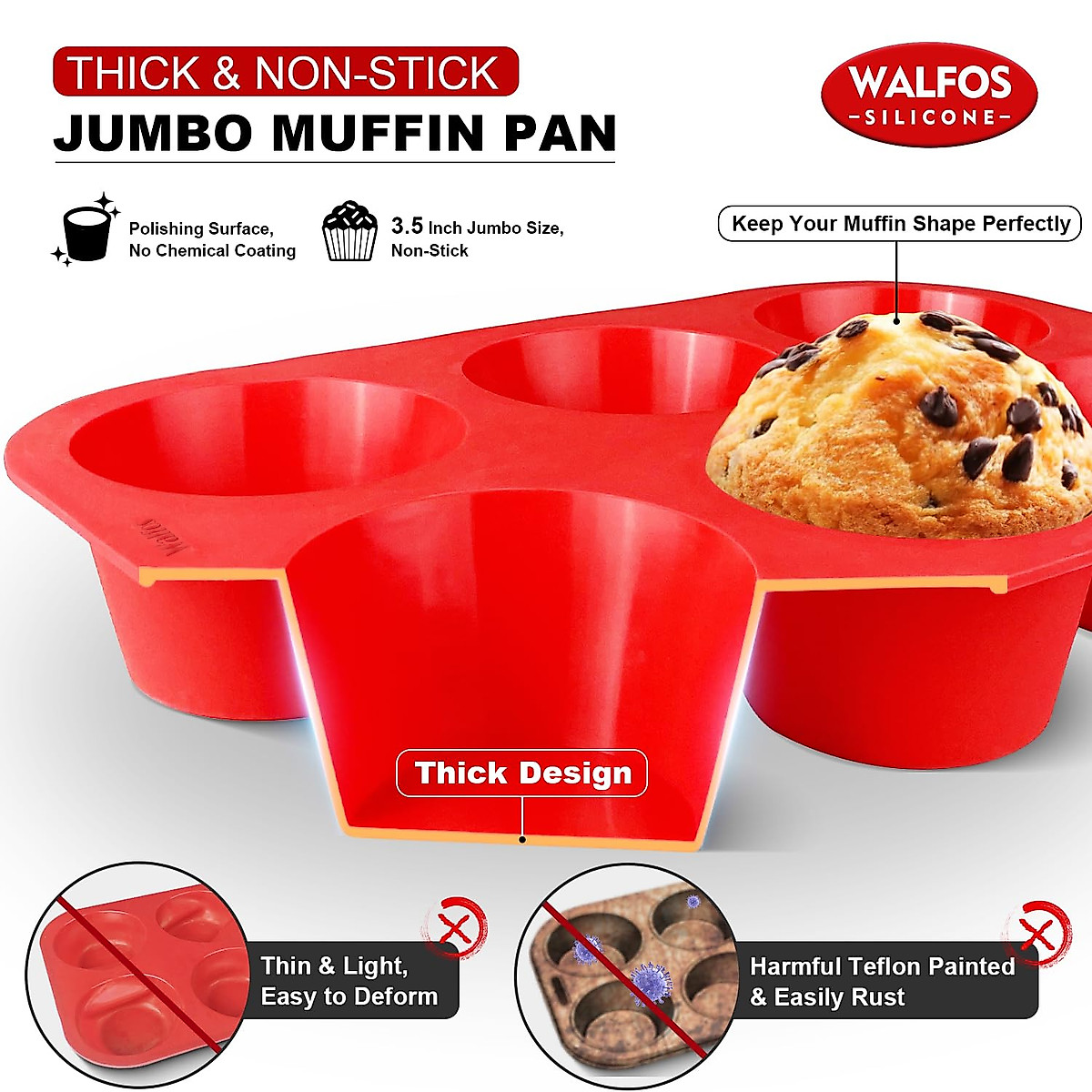Walfos Silicone Texas Muffin Pan Set- 6 Cup Jumbo Silicone Cupcake Pan, Non-Stick Silicone, Just PoP Out! Perfect for Egg Muffin, Big Cupcake - BPA Free and Dishwasher Safe, Set of 2