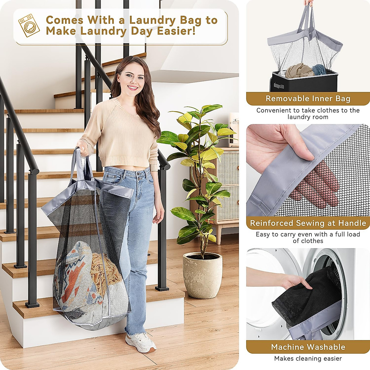 SOLEDI Laundry Basket with Wheels, Laundry Hamper with Lid 90L(23.8 gal), Clothes Hamper with Bag Removable - Rolling Laundry Basket, Move Smoothly- Suitable for Apartment, Bathroom, Bedroom, Dorm