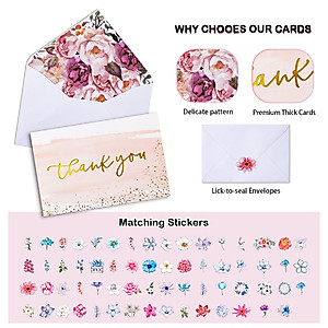 Thank You Cards-48 Bulk Blank Gold Foil&Watercolor Bulk Box Set with Elegant Floral Envelopes &Stickers for Wedding, Baby Shower, Bridal Shower, Business, Anniversary, Funeral -4" x 6"