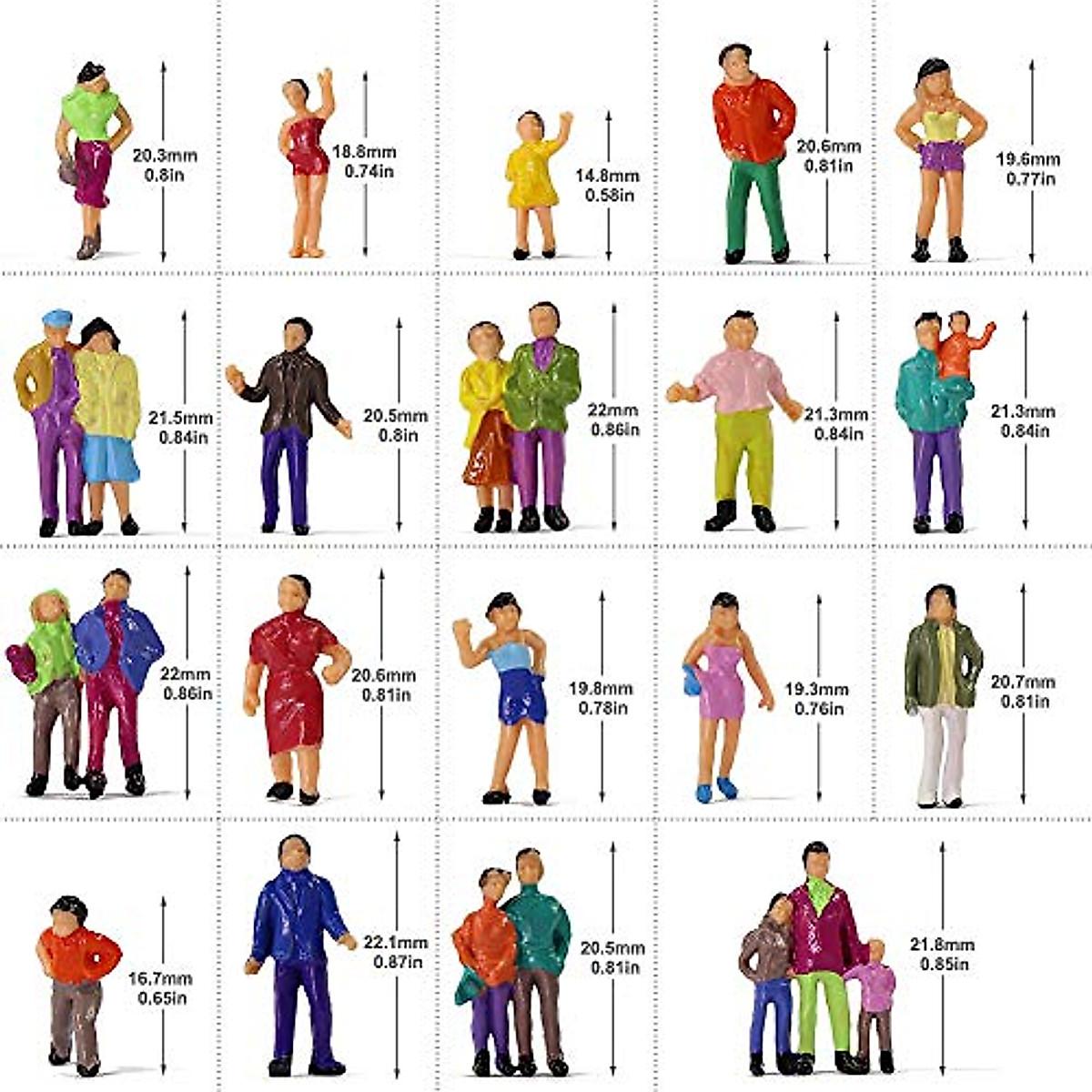 P100W 100pcs 1:87 Painted Figures HO Scale Standing People Assorted Poses Model Trains