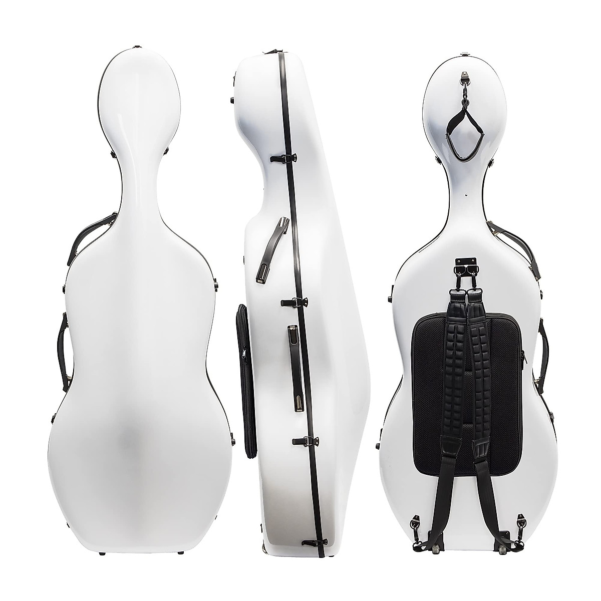 MI&VI CC-7002WB Classic Carbon Fiber Composite Cello Case (Full Size) 4/4 with Wheels | Carry Straps | 12.5lb Lightweight | Tough Shell (White + Bag)