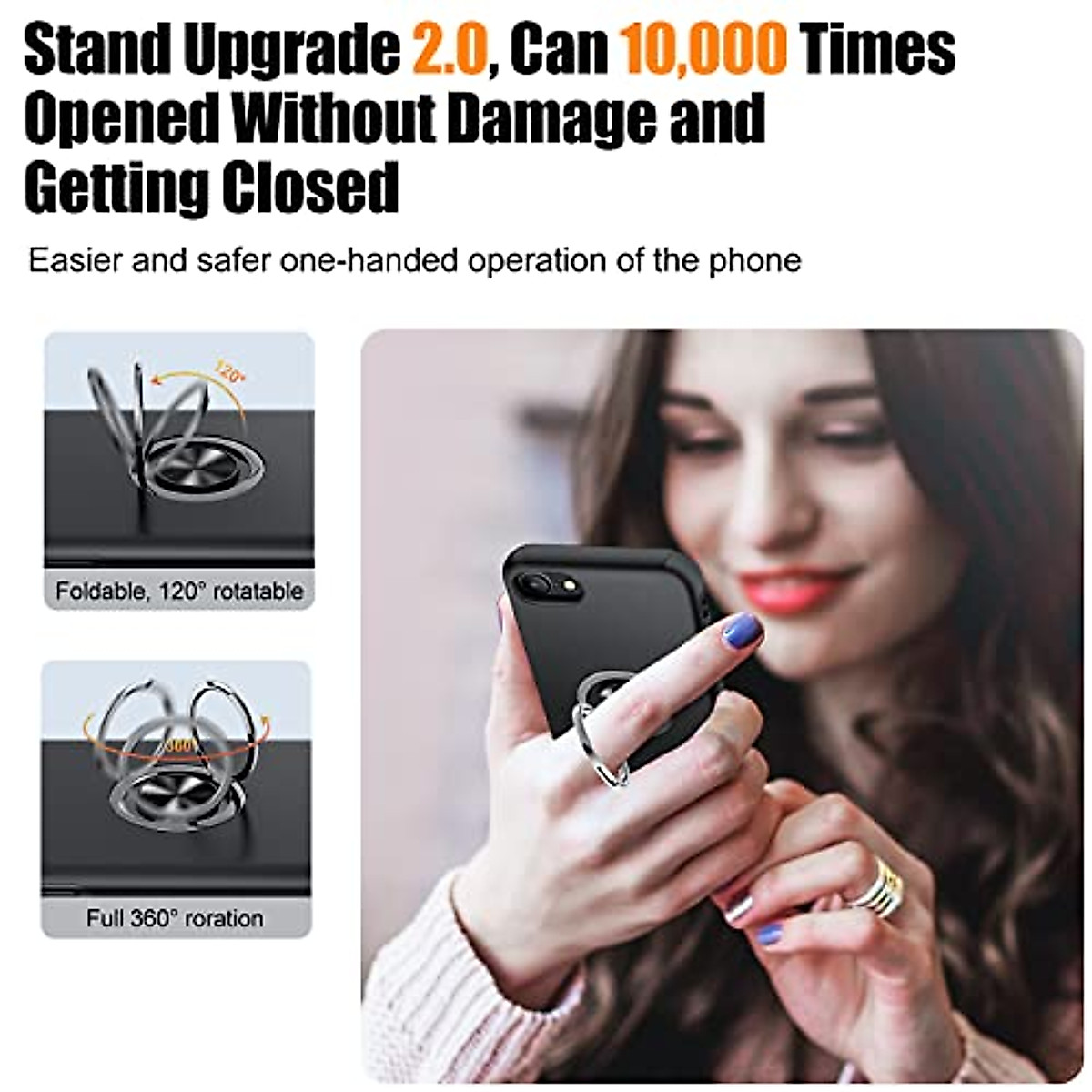 JAME for iPhone SE 2022 Case, iPhone SE 2020 Case, iPhone 8/7/6s/6 case Ultra Slim with 2Pcs Tempered Glass Screen Protector Full Body Shockproof Phone Case with Invisible Ring Stand, 4.7" Black
