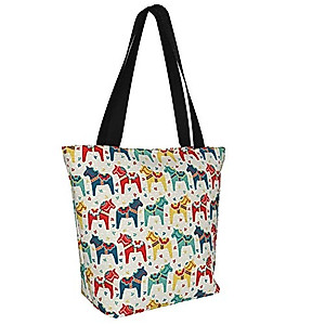 antcreptson Swedish Dala Horses Extra Large Canvas Shoulder Tote Top Storage Handle Bag for Gym Beach Weekender Travel Reusable Grocery Shopping,Black White