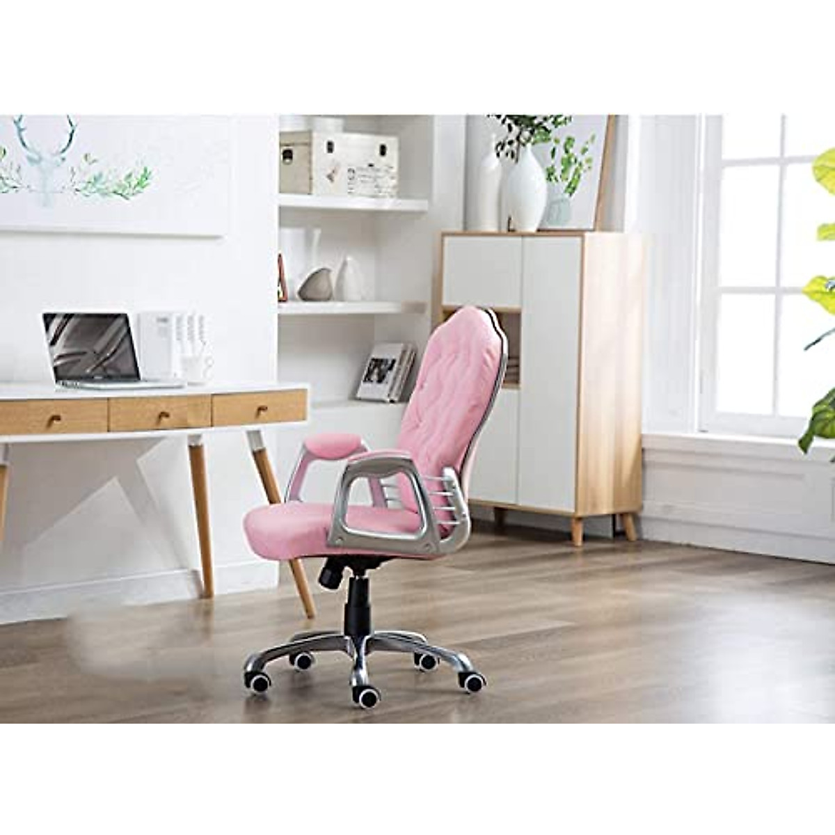 PU Leather Mid Back Office Chair, Ergonomic Swivel Chair, Lounge Chair, Delicate Rhinestone Inlay, with Fixed Armrests, Adjustable Height,Rolling Wheels (Pink)
