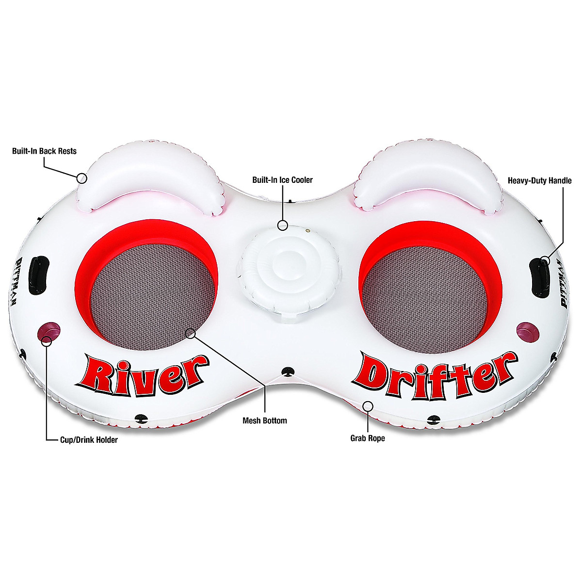 Pittman Outdoors River Drifter Inflatable Water Float Tube with Ice Chest Cooler, 2 Person
