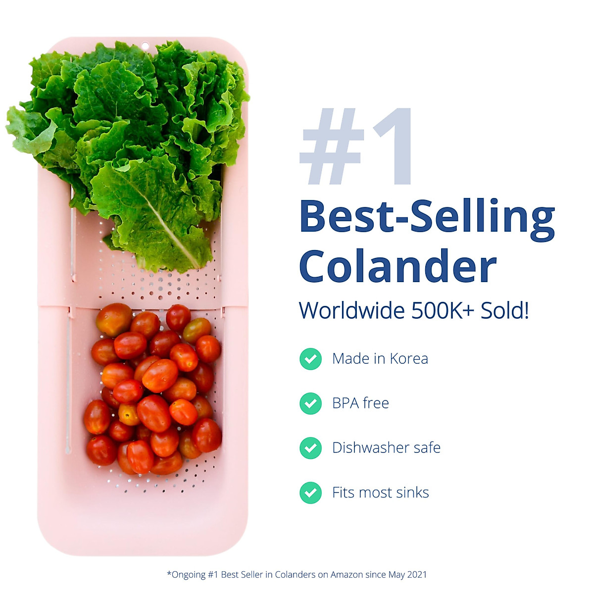 BLUE GINKGO Over the Sink Colander Strainer Basket - Wash Vegetables and Fruits, Drain Cooked Pasta and Dry Dishes - Extendable - New Home Kitchen Essentials (7.9 W x 14.5-19.5 L x 2.75 H) (Pink)