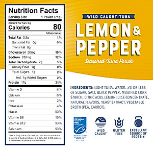 Bumble Bee Lemon & Pepper Seasoned Tuna, 2.5 oz Pouches (Pack of 12) - Ready to Eat - Wild Caught Tuna Packet - 17g Protein per Serving - Gluten Free