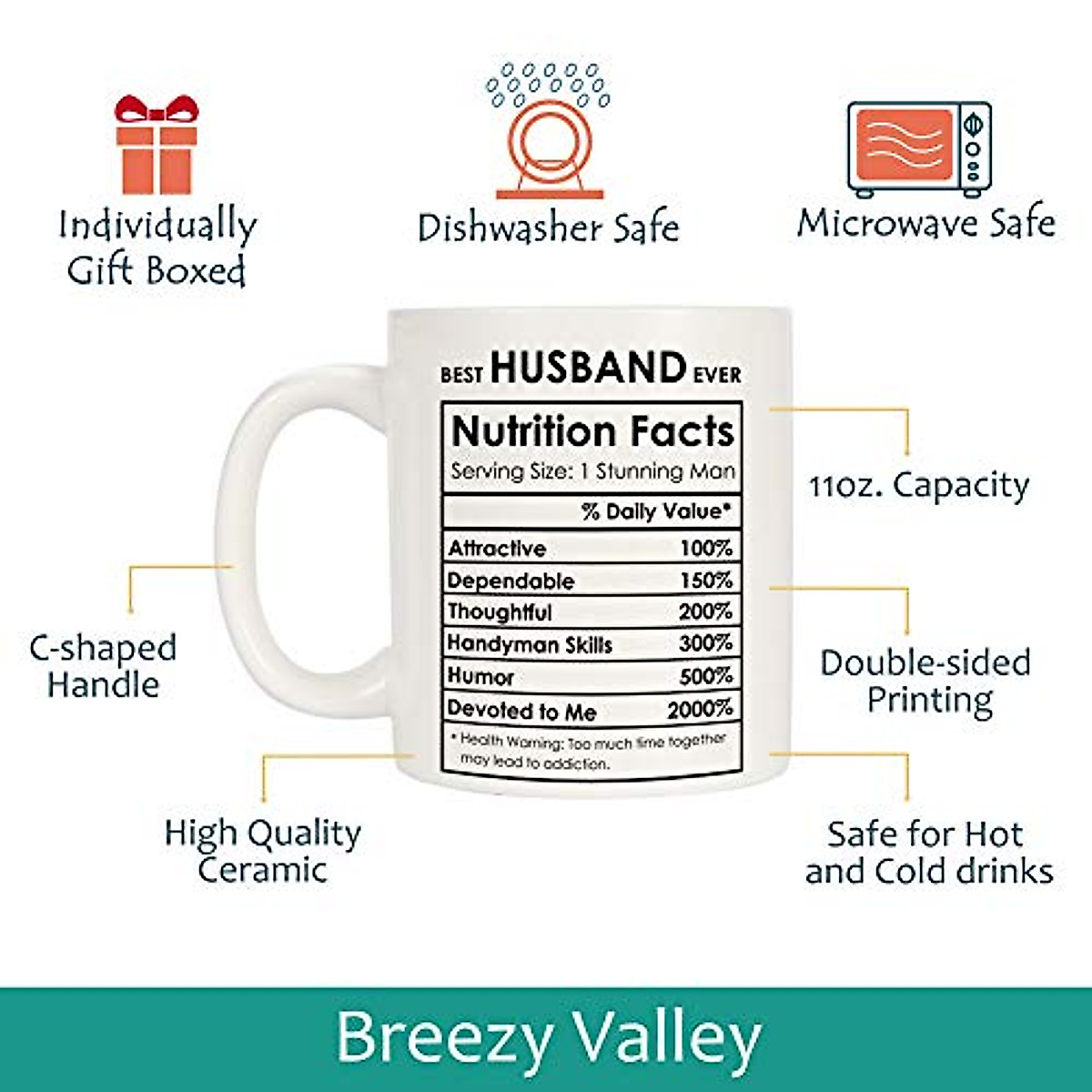 Best Husband Ever Gifts Coffee Mug, Valentines Day Gift for Husband, Birthday Gifts from Wife for Husband, Nutrition Facts Mugs, White, 11oz
