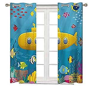 Blue Yellow Pink Bedroom Blackout Curtains 63 Inch Long Yellow Submarine Kids Bedroom Blackout Grommet Top Curtain Panels W72 x H63
