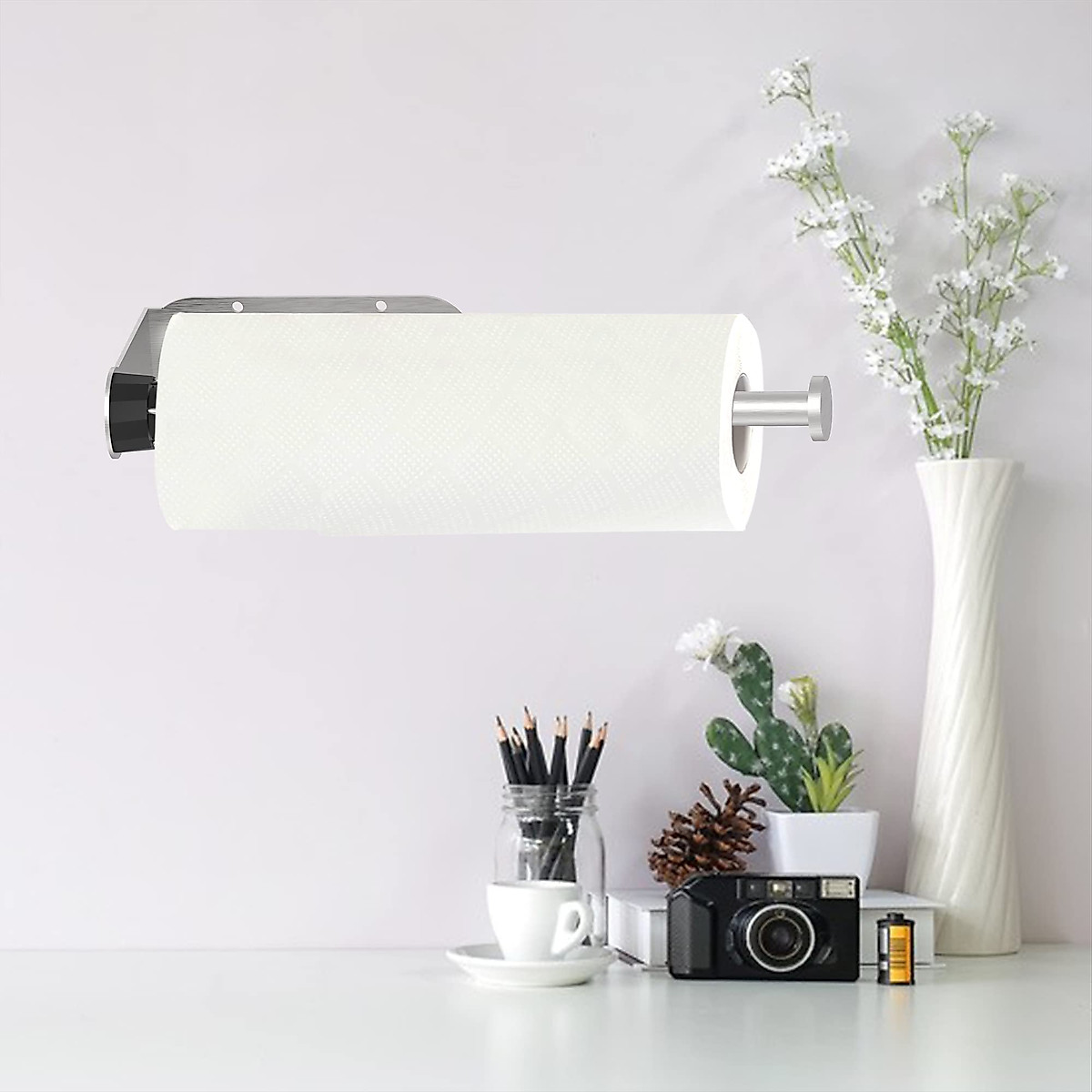 Paper Towel Holder Under Cabinet Brushed Nickel Wall Mount Paper Towel Holder with Damping Single Hand Operable, Under Counter Paper Towel Racks with Self-Adhesive and Screw for Kitchen Bathroom