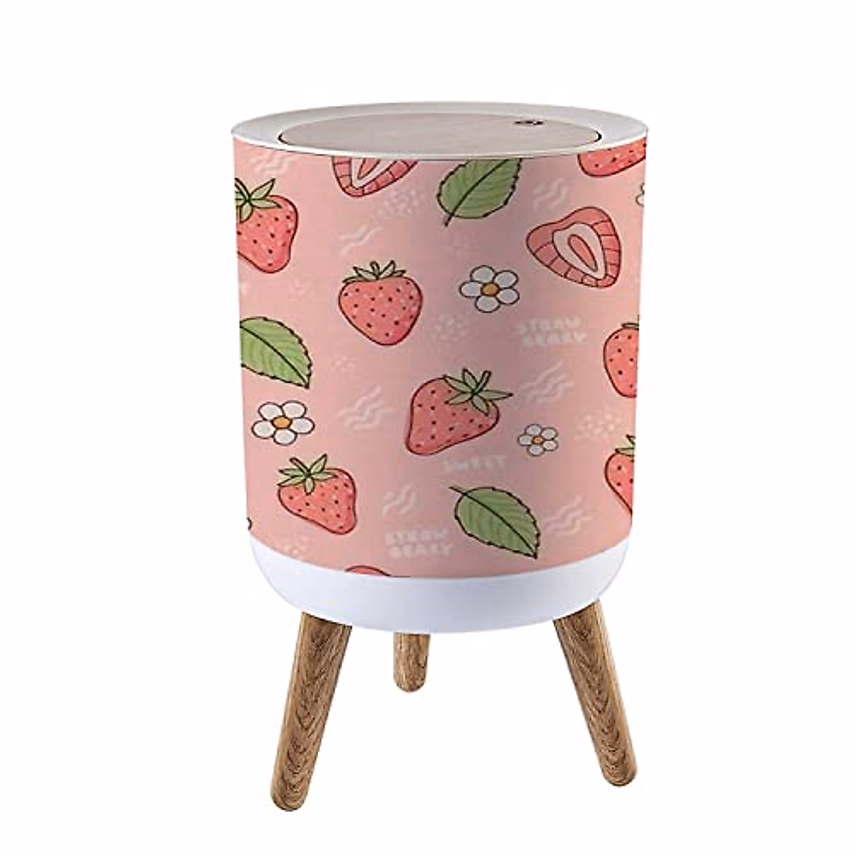 IKFLWJUTFW Small Trash Can with Lid Strawberry Cute Colorful Strawberries Flowers and Leaves in 7 Liter Round Garbage Elasticity Press Cover Wastebasket for Kitchen Bathroom Office 1.8 Gallon