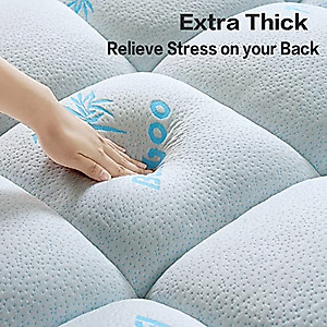 KELTARO Extra Thick Bamboo Mattress Topper Queen Size Bed,Cooling Mattress Pad Cover Plush Soft Noiseless Down Alternative Fill,with 8-21" Deep Pocket