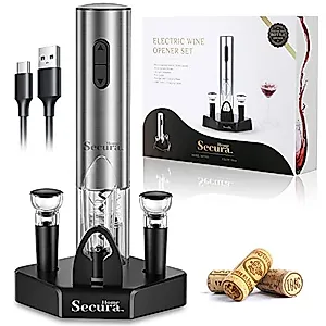 Secura Home Electric Wine Opener Set, Type C Cordless Rechargeable Corkscrew Wine Bottle Opener with Storage Base, Wine Aerator, 2 Vacuum Wine Stoppers, Foil Cutter for Wine Lover Gift Kit