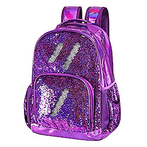 Fermido Sequin School Backpack for Girls Kids Cute Elementary Book Bag Teen Glitter Flip Sparkly Holographic Purple Back Pack One_Size