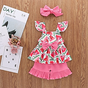 Dimoybabe Toddler Baby Girl Summer Clothes Knit Cotton Outfits Infant Short Set Sleeve Ruffle Ribbed Clothing Watermelon Red 2-3T 100CM