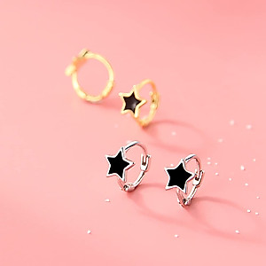 Reffeer Solid 925 Sterling Silver Black Star Huggie Earrings Hoops for Women Small Star Hoop Earrings Cartilage Helix Earrings (B-18K Gold)