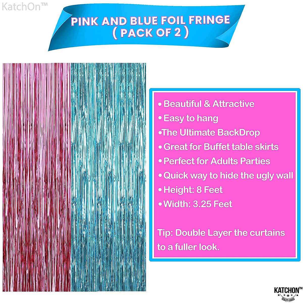 KatchOn, Large Pink and Blue Foil Fringe - 6.4x8 Feet, Pack of 2 | Girl or Boy Gender Reveal Decorations | Pink and Blue Fringe, Boy or Girl Backdrop | Gender Reveal Backdrop for Gender Reveal D√©cor
