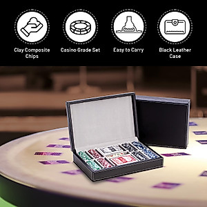 Bey-Berk Custom Personalized Black Leather case with with Playing Cards, Chips, and Poker Dices