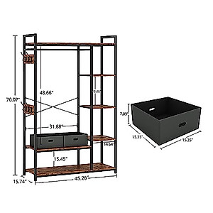PKUGU Garment Rack with Storage, Garment Racks for Hanging Clothes, Mid Century Modern Clothes Racks, Clothing Rack with Shelves, with Hanging Rod, with 2 Cloth Boxes, for Bedroom, Rustic Brown