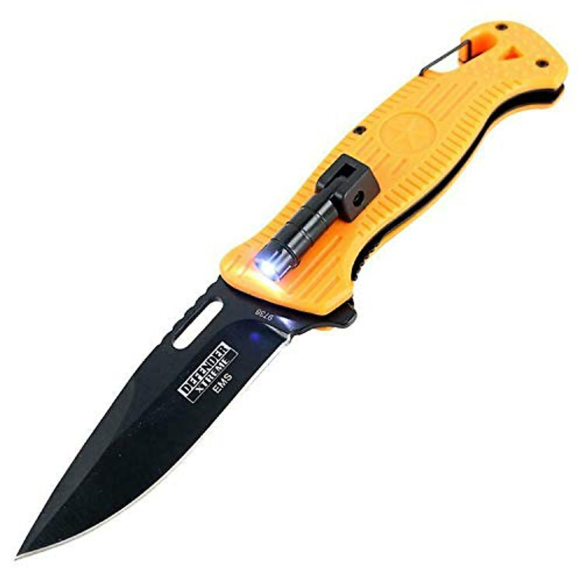 Defender-Xtreme 8" Spring Assisted Folding Stainless Steel Blade Knife With Mini Led Flashlight Orange Handle