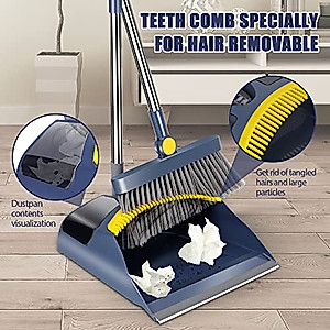 Broom and Dustpan Set for Home, Long Handle Broom with 180°Rotating Head Upright Large Dustpan with Comb Teeth, Easy Storage Floor Broom and Dustpan Combo for Home Kitchen Office Lobby